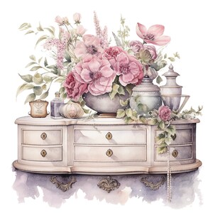 10 Vintage Floral Commode Clipart, Shabby Chic, Printable Watercolor ...