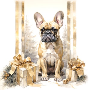 14 French Bulldog Clipart, Golden Christmas Theme, Printable Watercolor ...
