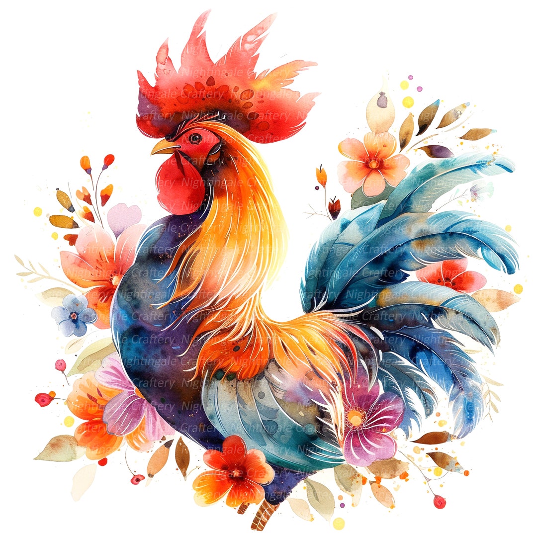 12 Floral Rooster Clipart, Rooster Sublimation, Printable Watercolor ...