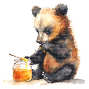 9 Watercolor Bear Cub With Honeypot Clipart, Bear Honey, Printable ...