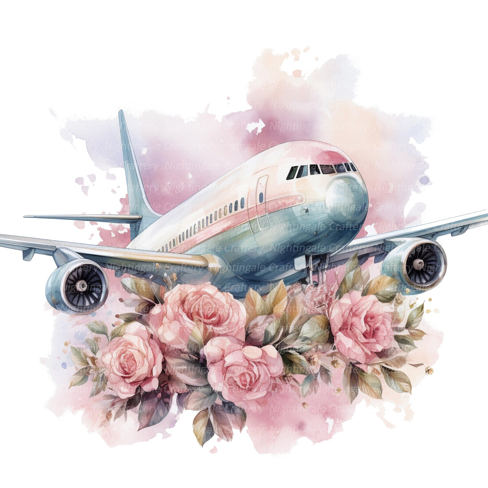10 Floral Plane Clipart, Vintage Plane, Printable Watercolor Clipart ...