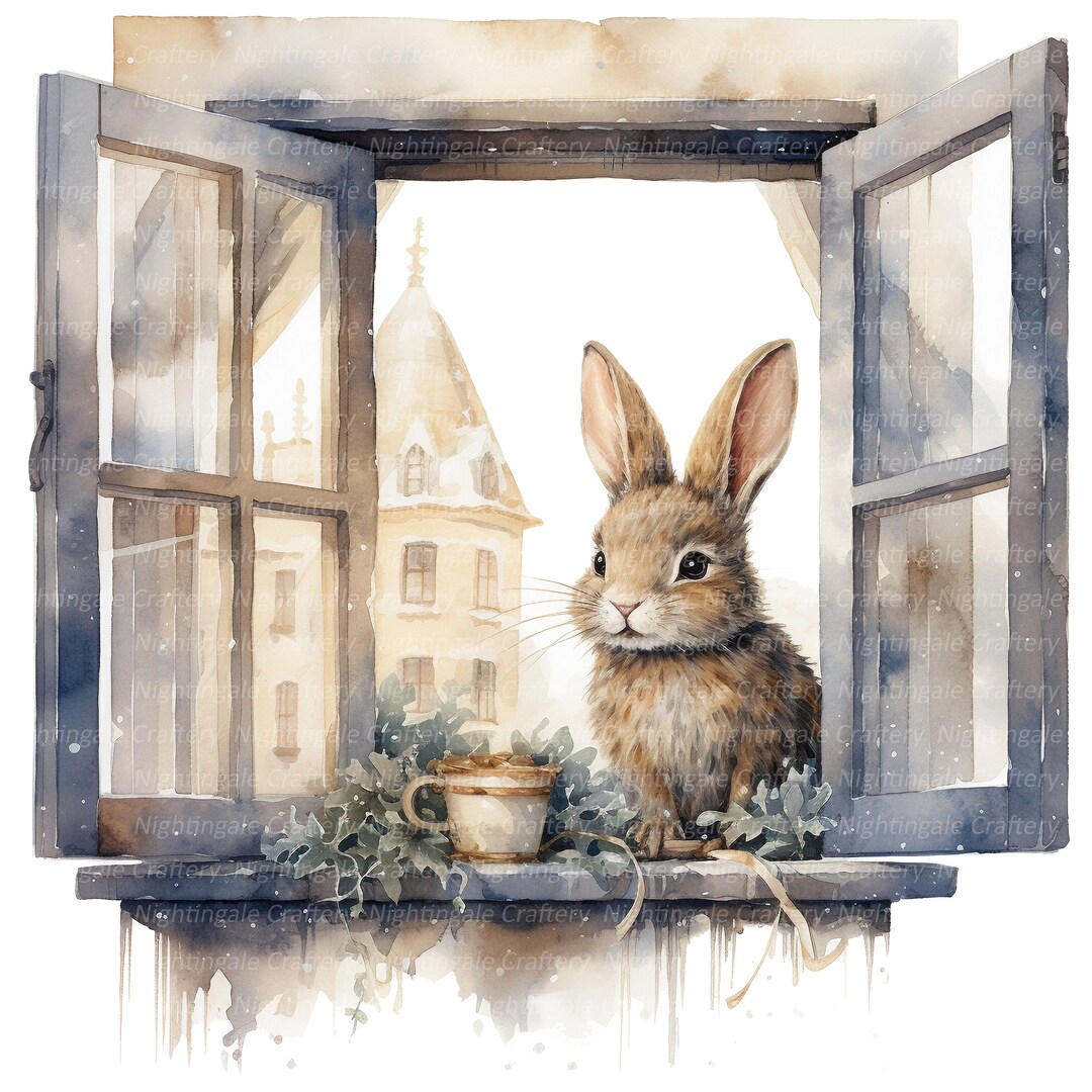 12 Christmas Bunny Clipart, Bunny Window, Printable Watercolor Clipart ...