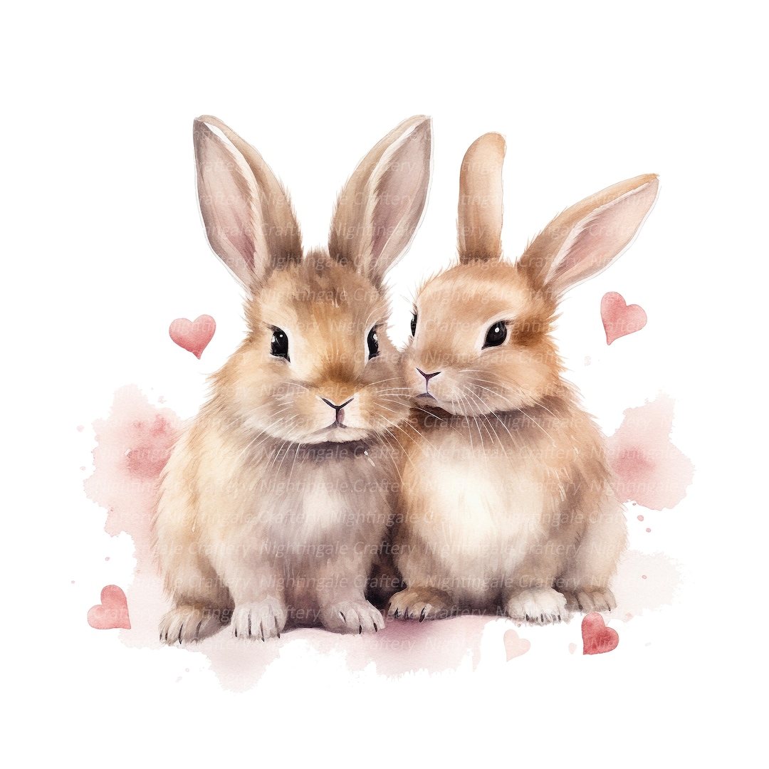 12 Bunny Love Clipart, Rabbit Clipart, Printable Watercolor Clipart, 12 ...