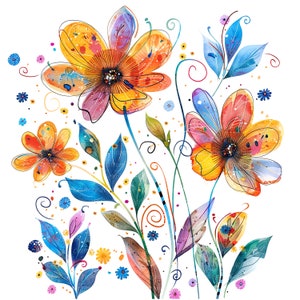 10 Whimsical Flowers Clipart, Wildflowers, Printable Watercolor Clipart ...