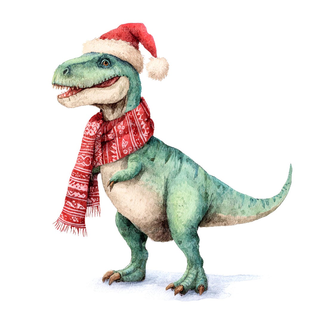 9 Christmas Dinosaur Clipart, Christmas Card, Printable Watercolor ...
