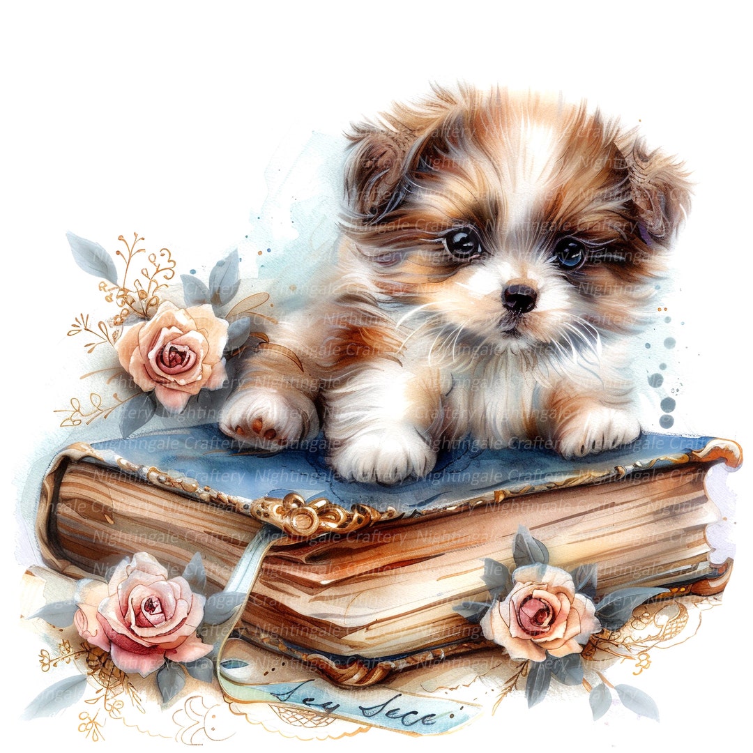 10 Puppy and Magic Book Clipart, Puppy Clipart, Printable Watercolor ...