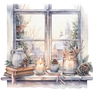 12 Snowy Christmas Window Clipart, Winter Windowsill, Printable ...
