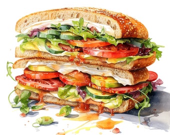 Watercolor Clipart Sandwich Food Clip Art Lunch - Etsy