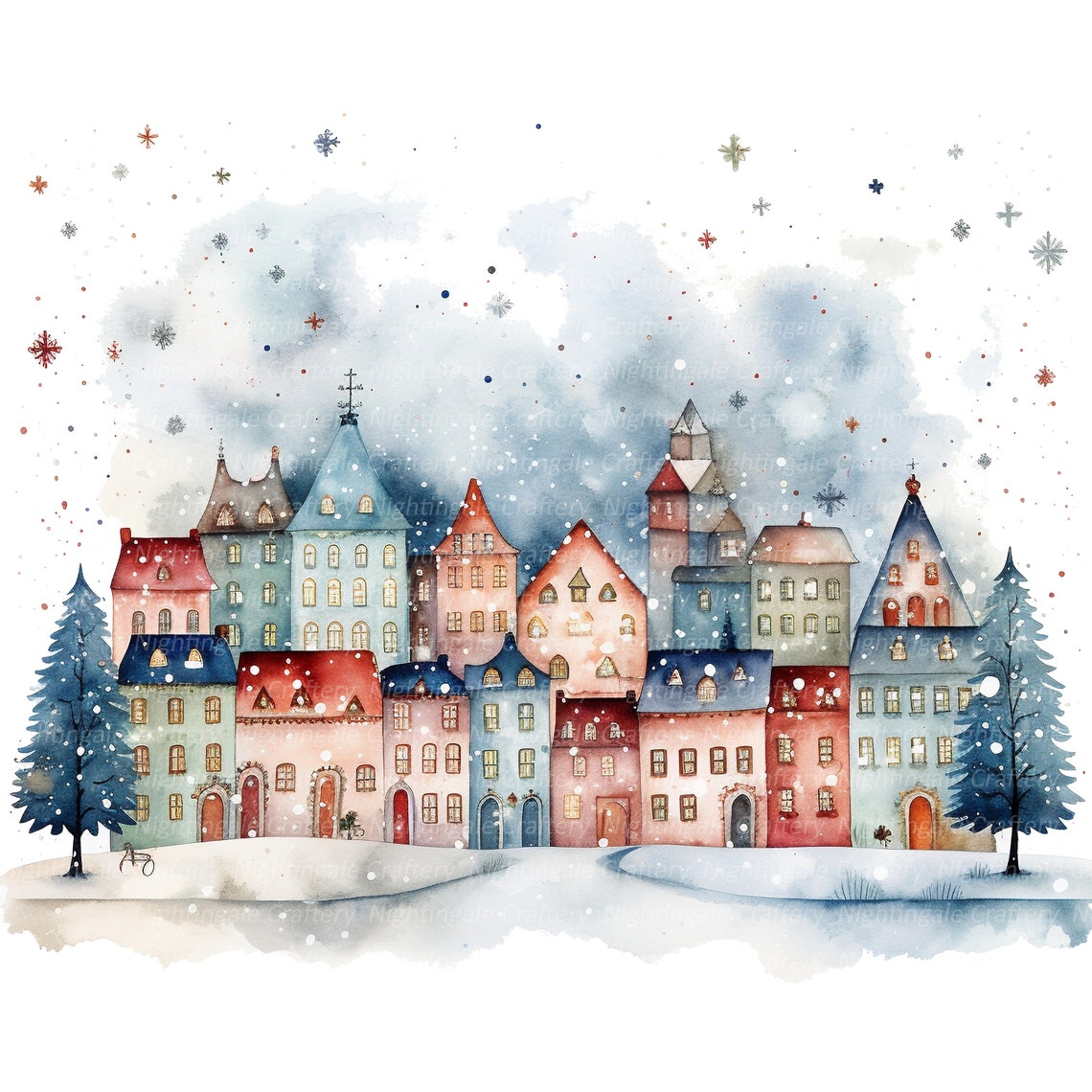 9 Christmas Card Clipart, Winter Houses Card, Printable Watercolor ...