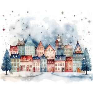 9 Christmas Card Clipart, Winter Houses Card, Printable Watercolor ...