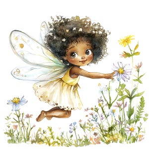 7 Black Girl Fairy Clipart, Floral Fairy Clipart, Printable Watercolor ...