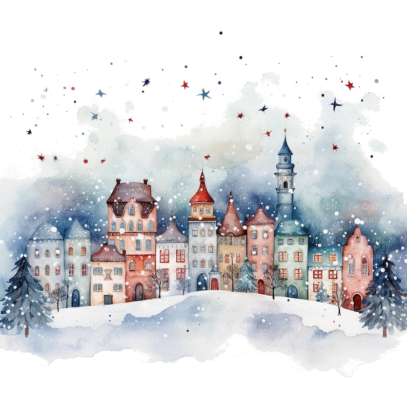 9 Christmas Card Clipart, Winter Houses Card, Printable Watercolor ...