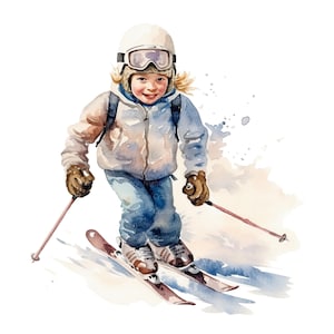 10 Kids Skiing Clipart, Kids in Winter, Printable Watercolor Clipart ...