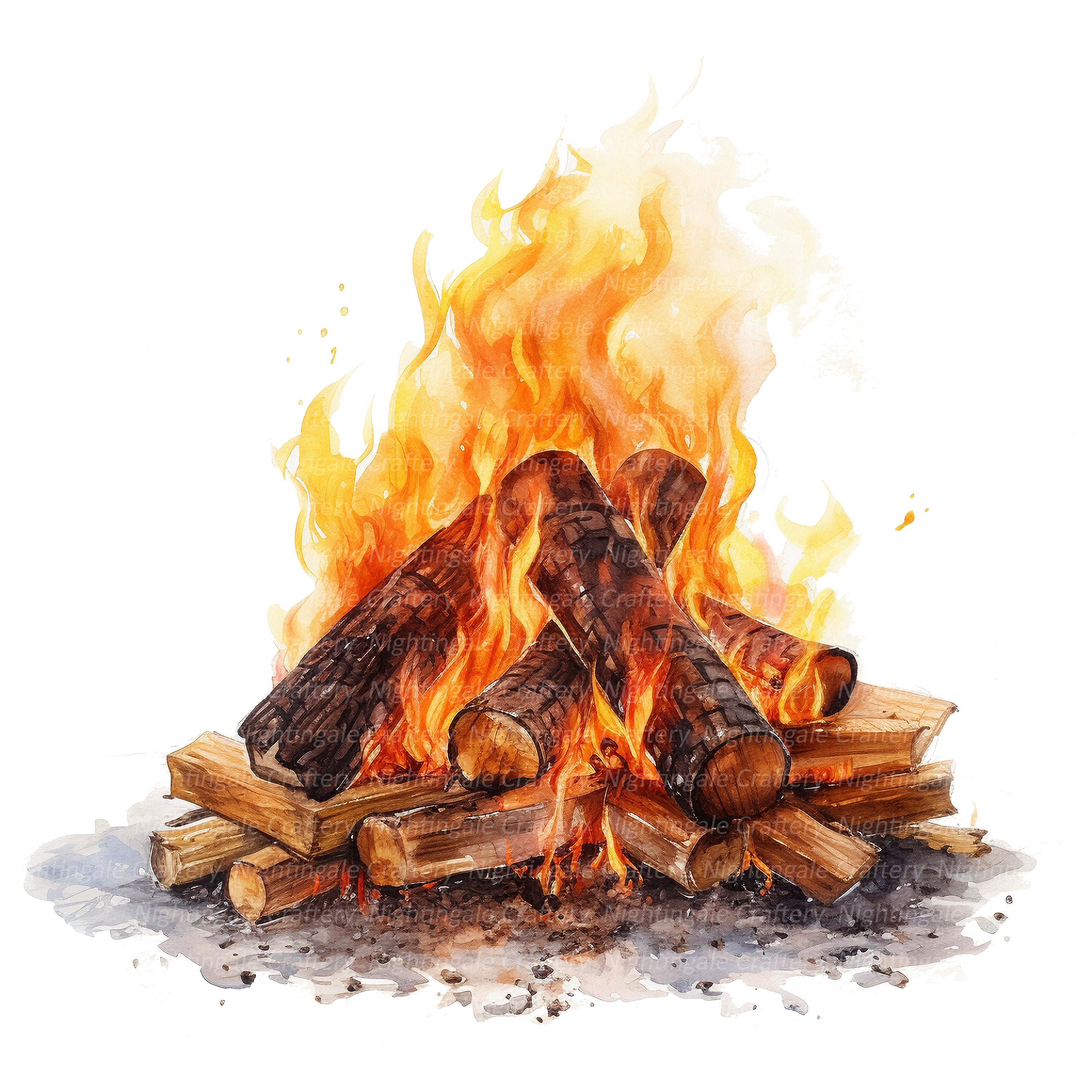 10 Bonfire Campfire Clipart, Firewood Clipart, Printable Watercolor ...