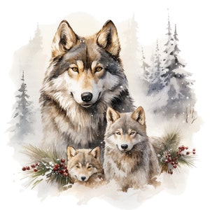 10 Wolf Family Christmas Clipart, Christmas Wolf, Printable Watercolor ...