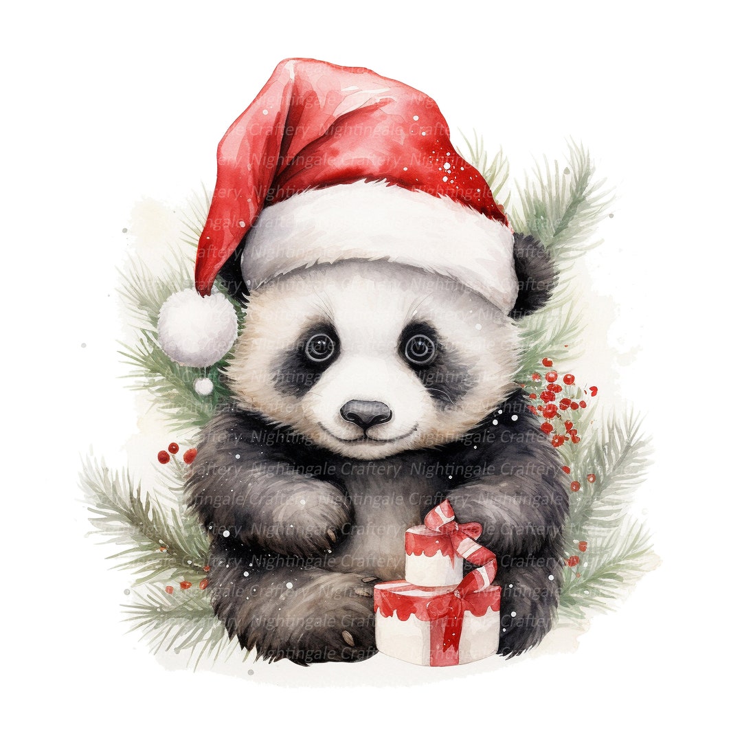 12 Panda With Santa Hat Clipart, Baby Panda, Printable Watercolor ...