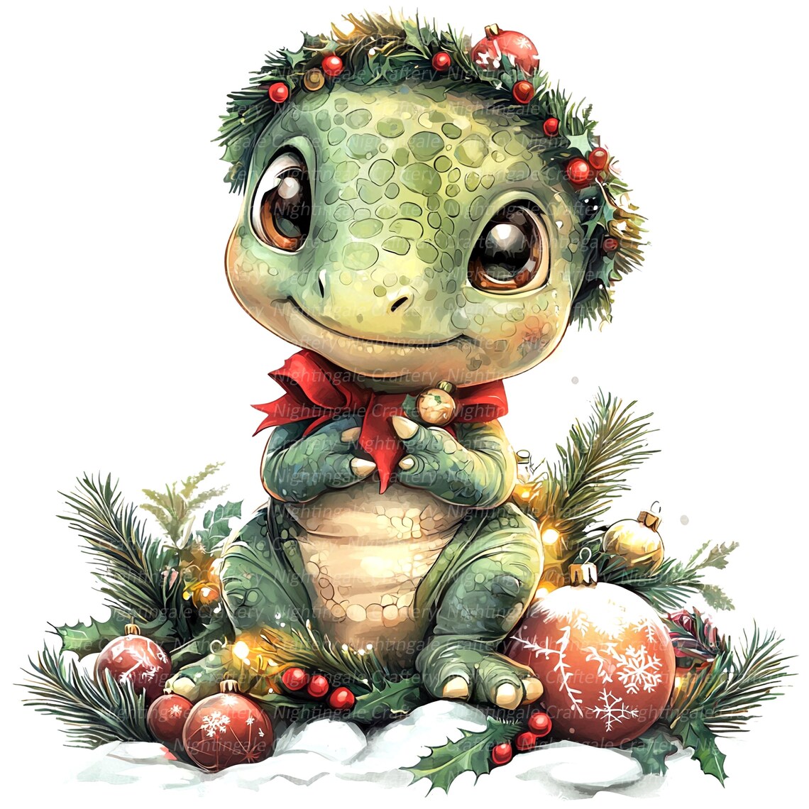 12 Christmas Dinosaur Clipart, Christmas Card, Printable Watercolor ...