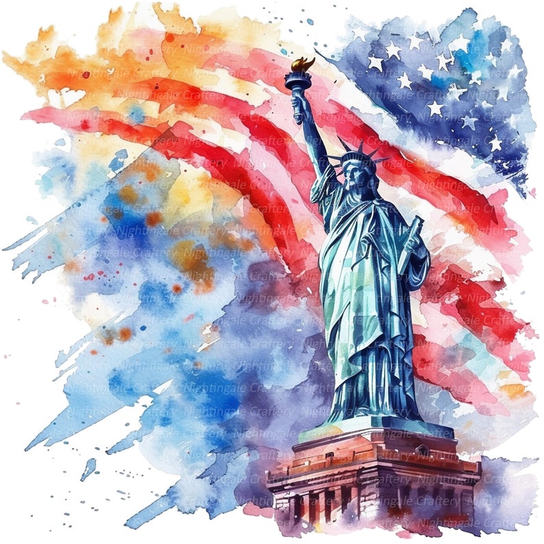 8 Statue of Liberty Clipart, USA Flag Clipart, Printable Watercolor ...