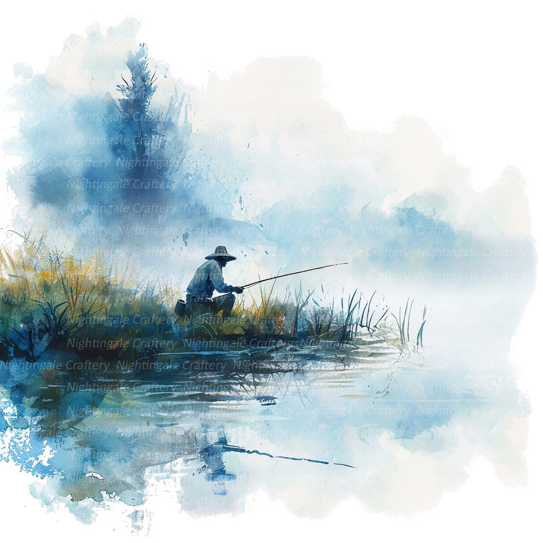 9 Man Fishing Art Clipart Set 3, Lake Fishing, Printable Watercolor ...
