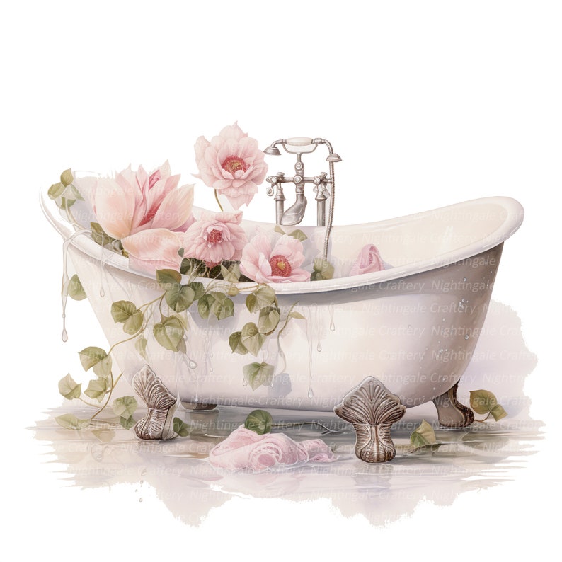 9 Vintage Floral Bathtub Clipart, Shabby Chic, Printable Watercolor ...