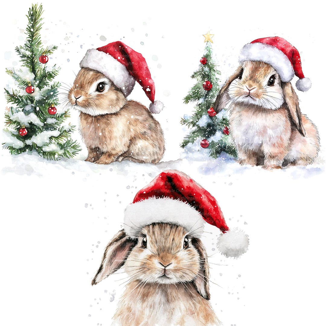 14 Cute Bunny Christmas Clipart, Santa Bunny, Printable Watercolor ...