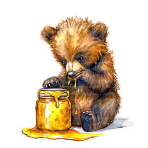 9 Watercolor Bear Cub With Honeypot Clipart, Bear Honey, Printable ...