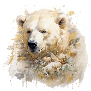 8 Christmas Polar Bear Clipart, Golden Theme, Printable Watercolor ...