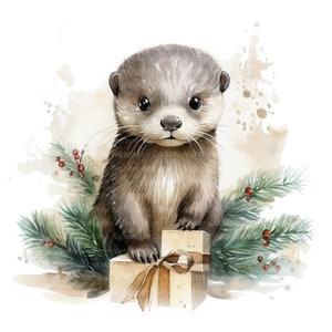10 Christmas Otter Clipart, Cute Otter Clipart, Printable Watercolor ...