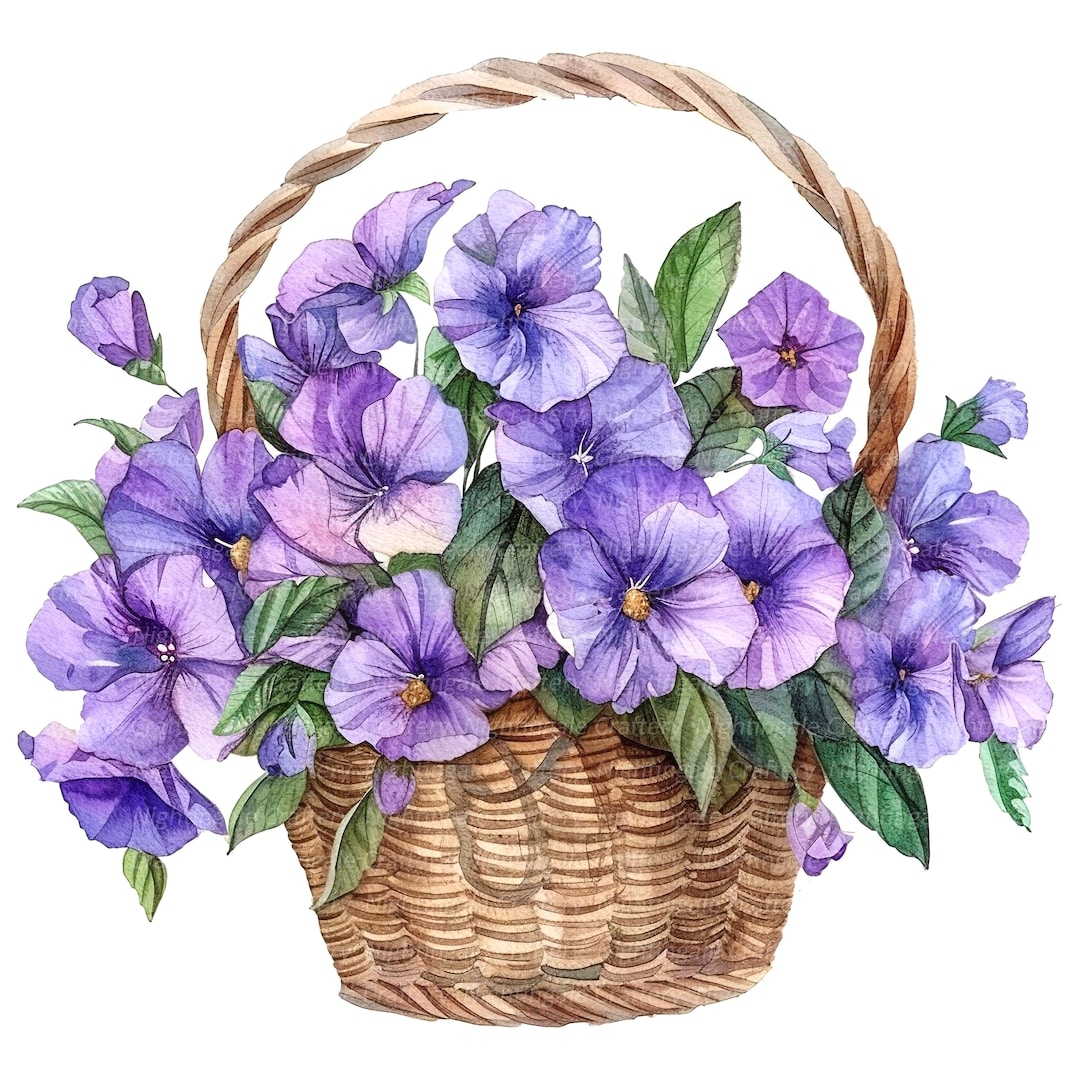 12 Floral Basket Clipart, Purple Flowers, Printable Watercolor Clipart ...