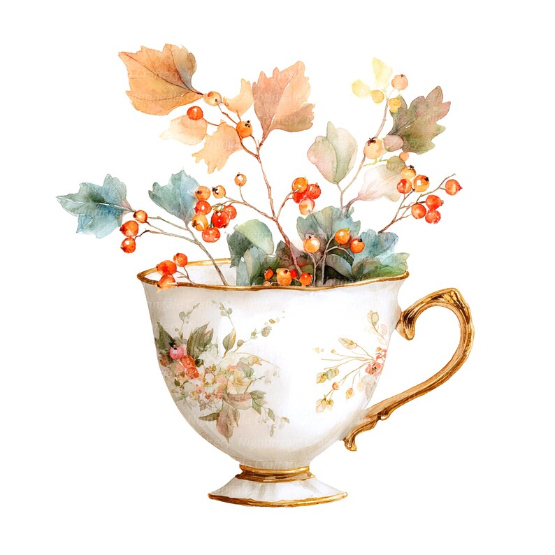 12 Autumn Tea Cup Clipart, Autumn Design, Printable Watercolor Clipart ...