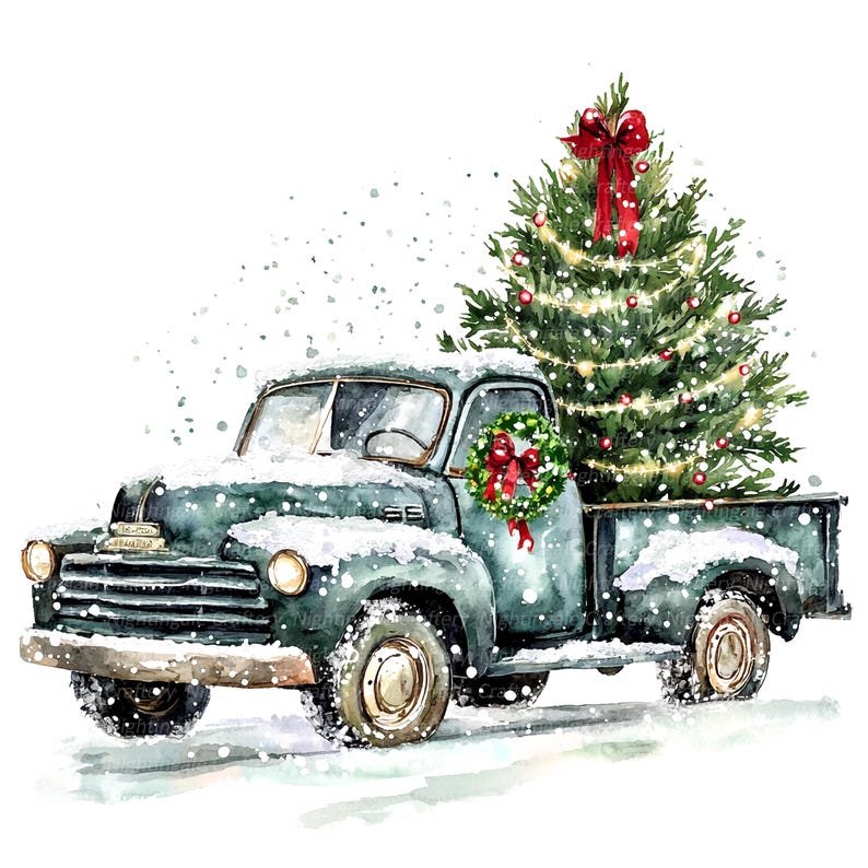 11 Pickup Truck Carrying Christmas Tree Clipart, Printable Watercolor ...