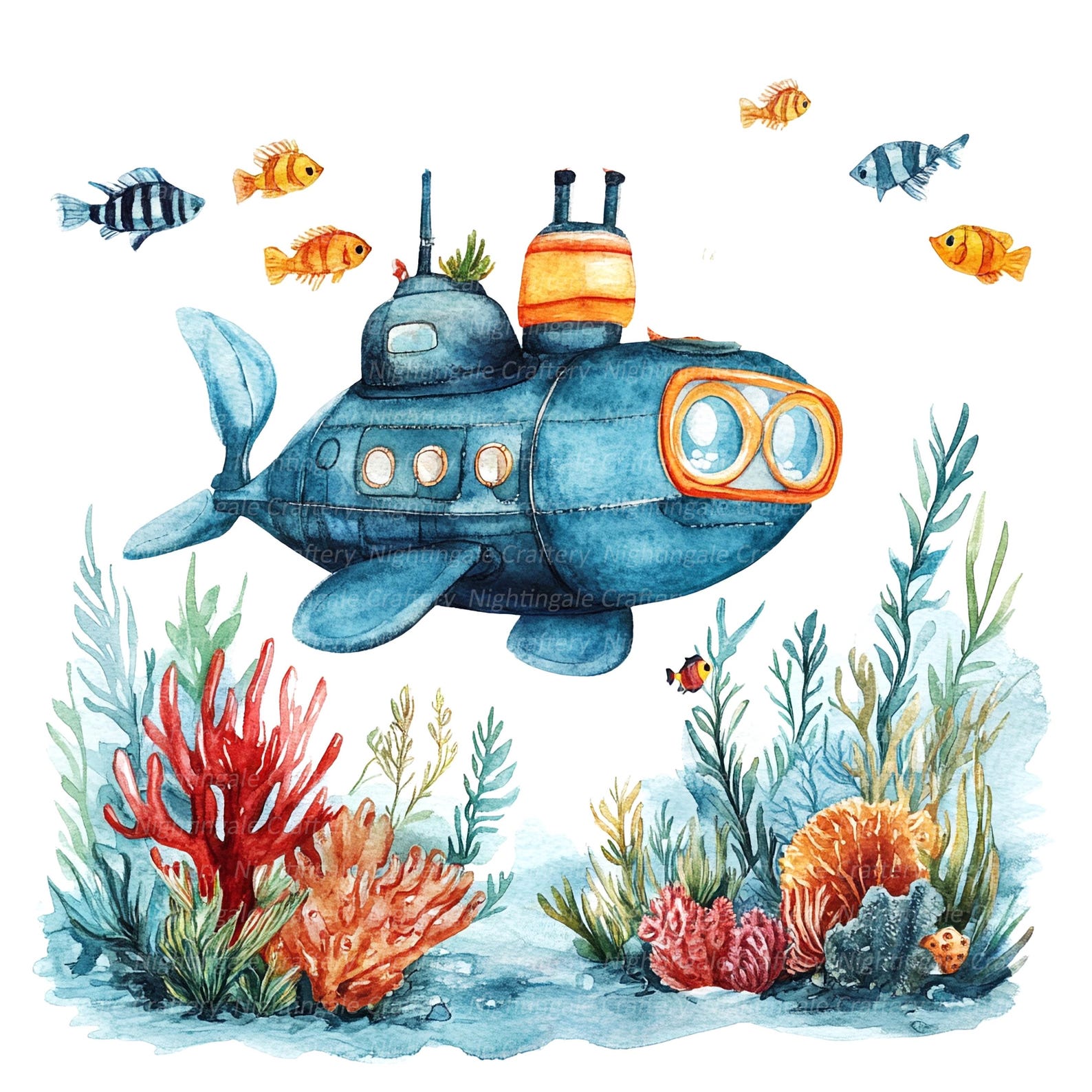 12 Cute Submarine Clipart, Underwater Clipart, Printable Watercolor ...