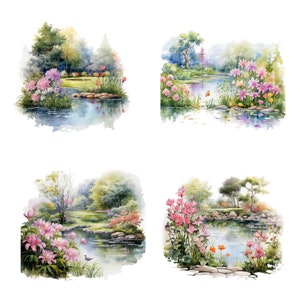 16 Floral Garden With Pond Clipart, Printable Watercolor Clipart, High ...