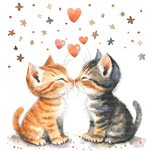 10 Kitten Love Clipart, Romantic Cats Clipart, Printable Watercolor ...