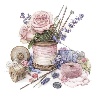 14 Vintage Spools of Thread Clipart, Floral Sewing Kit, Printable ...