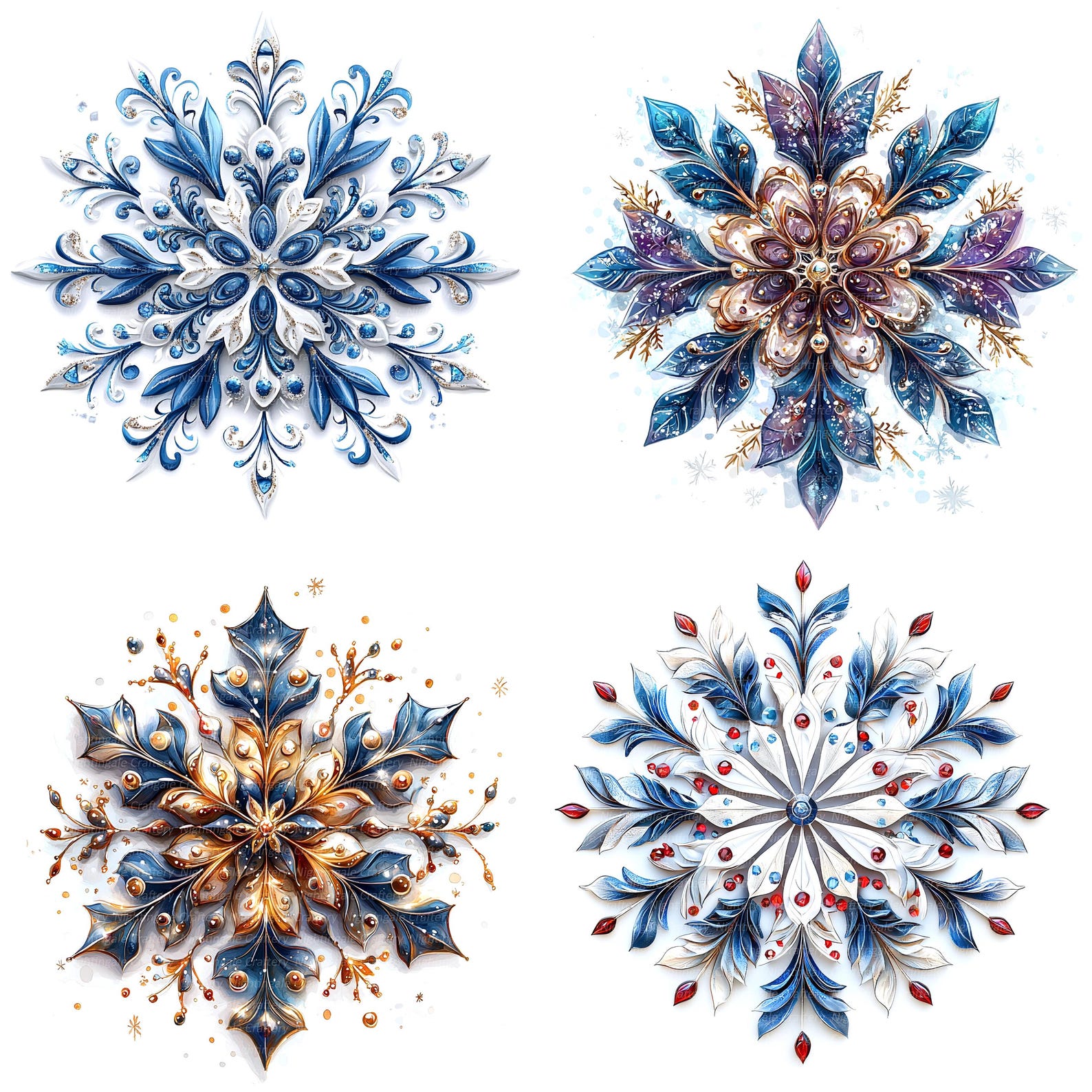 16 Abstract Snowflakes Clipart, Christmas Print, Printable Watercolor ...