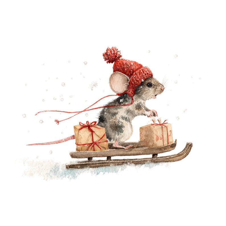 7 Christmas Mouse Clipart, Delivering Gift, Printable Watercolor ...