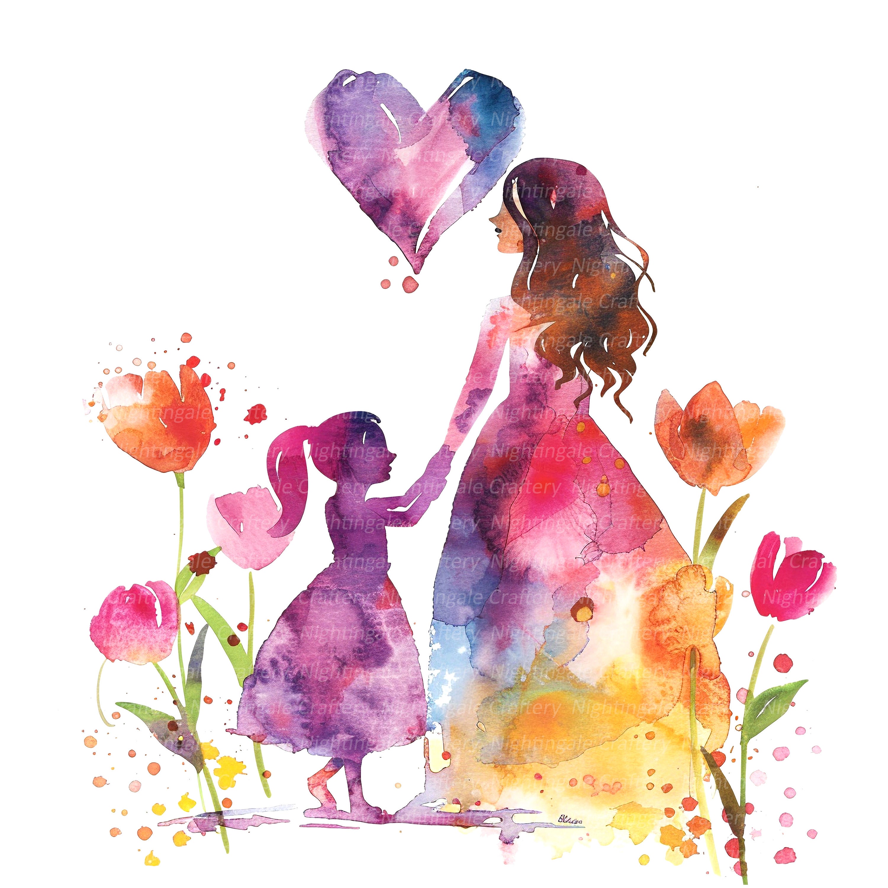 10 Mother and Daughter Clipart, Mother's Day Card, Printable Watercolor ...