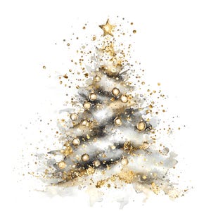 12 Golden Christmas Tree Clipart, Christmas Card, Printable Watercolor ...