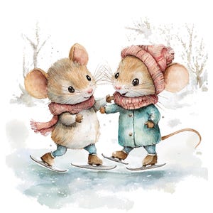 10 Cute Mice Skating Clipart, Ice Skating, Printable Watercolor Clipart ...