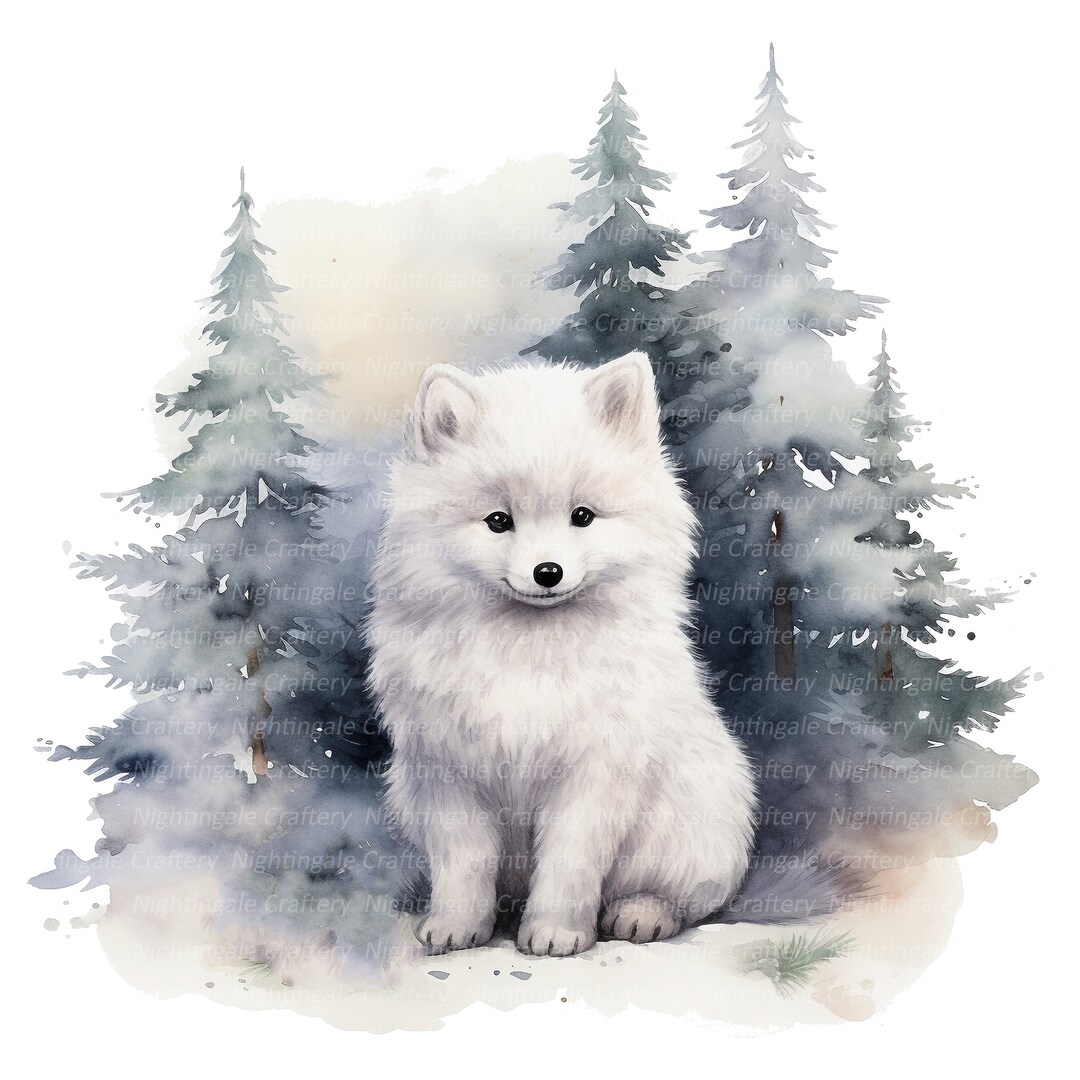 10 Christmas Arctic Fox Clipart, Christmas Card, Printable Watercolor ...