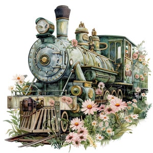 10 Floral Train Clipart, Floral Locomotive, Printable Watercolor ...