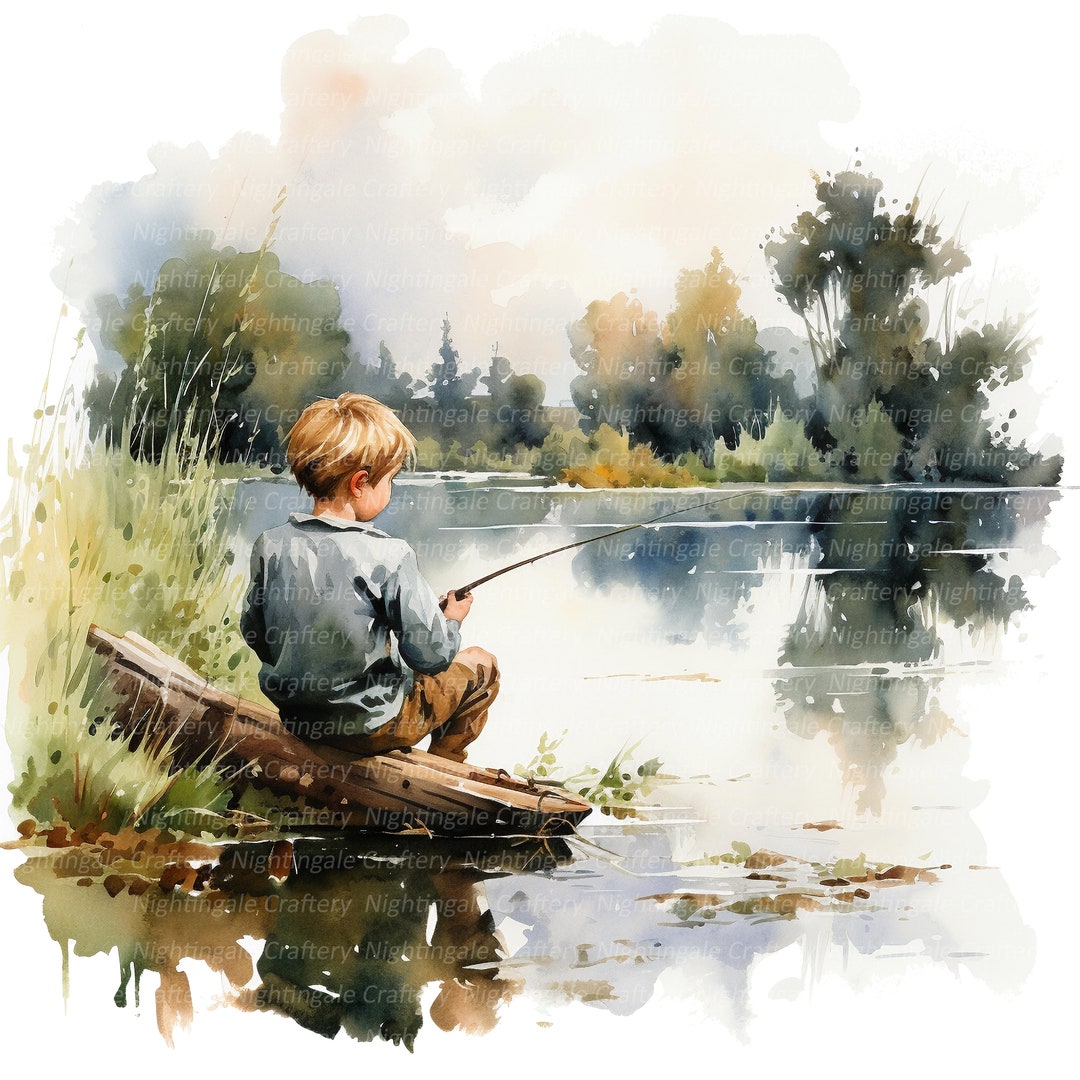 9 Kid Fishing Clipart, Little Boy Fishing, Printable Watercolor Clipart ...