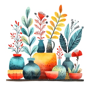 11 Floral Kitchen, Pots and Pans Clipart, Printable Watercolor Clipart ...