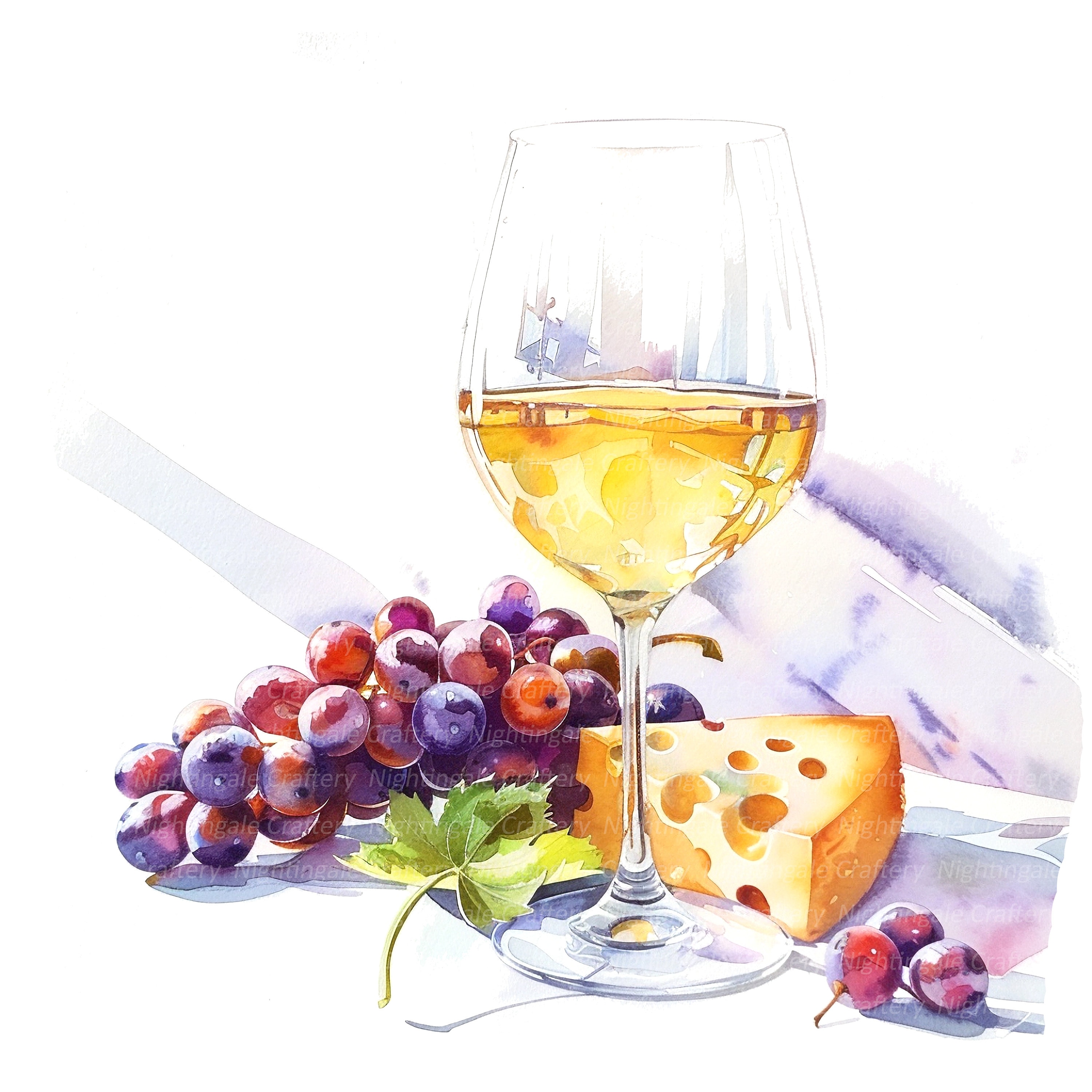 10 Wine and Cheese Clipart, Wine Glass Clipart, Printable Watercolor ...