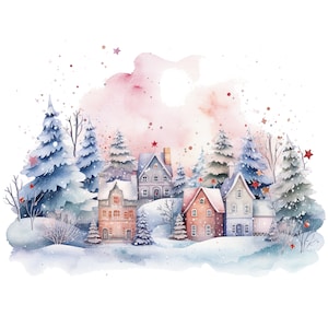 9 Christmas Card Clipart, Winter Houses Card, Printable Watercolor ...