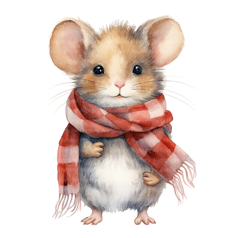 10 Mouse With Scarf Clipart, Winter Mouse, Printable Watercolor Clipart ...