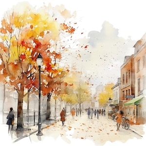 12 Autumn Street Clipart, Autumn Clipart, Printable Watercolor Clipart ...