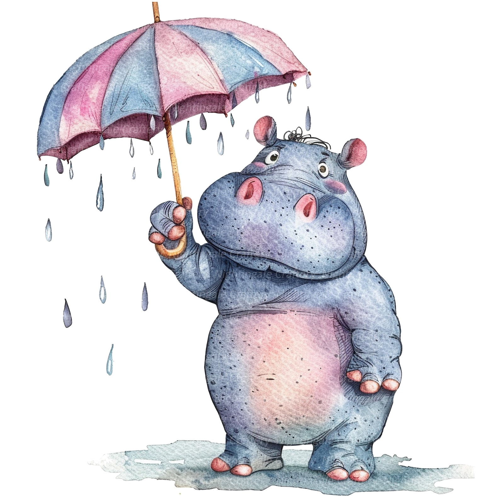 8 Cartoon Hippo Clipart, Hippo and Umbrella, Printable Watercolor ...