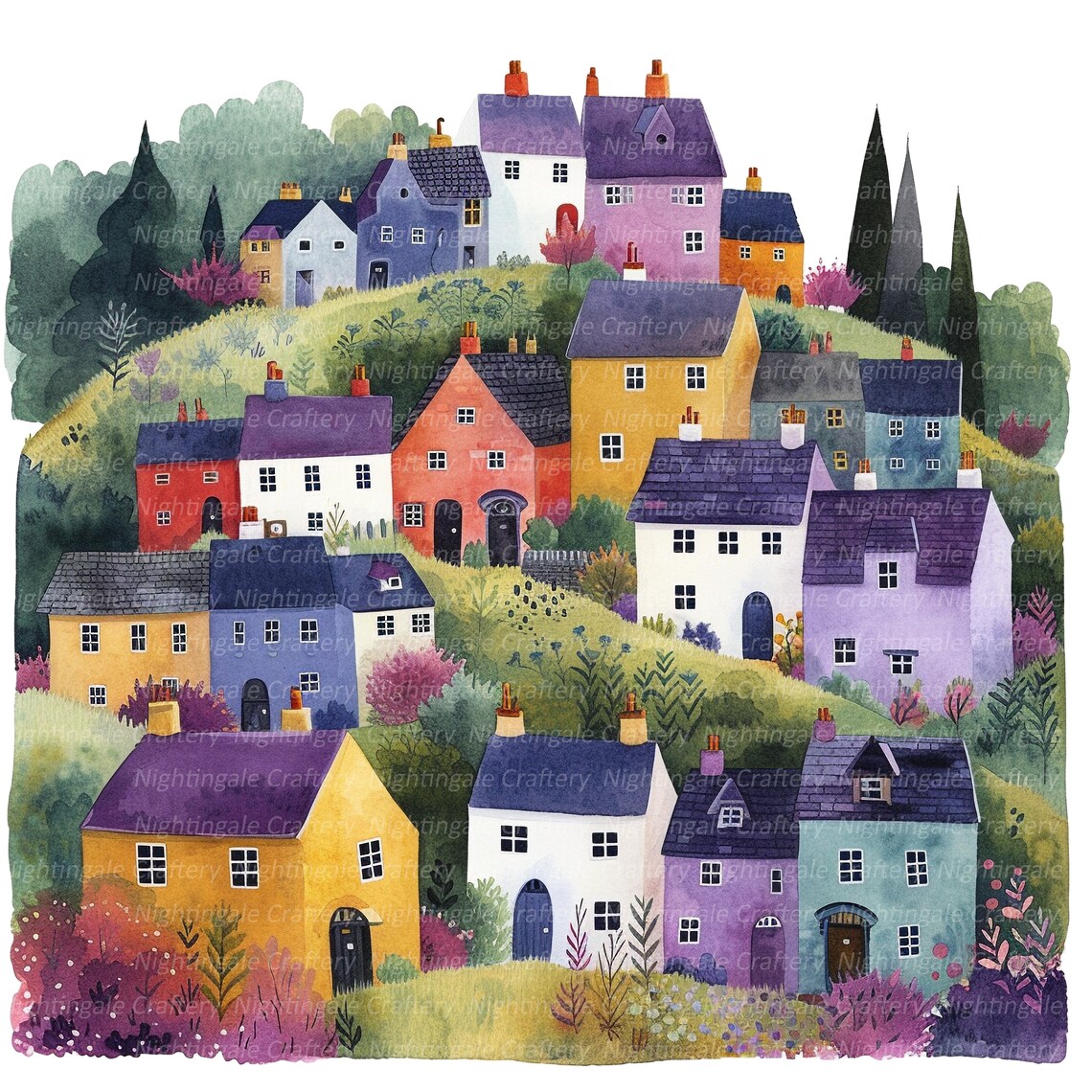 8 Village Clipart, Purple Village, Coloured Houses, Printable ...
